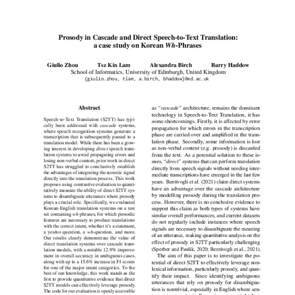 Prosody in Cascade and Direct Speech-to-Text Translation: a case study on Korean Wh-Phrases ...