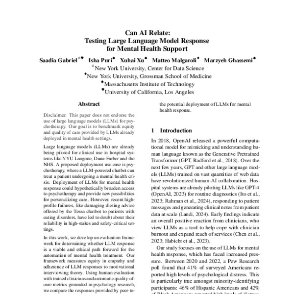 Can AI Relate: Testing Large Language Model Response for Mental Health ...