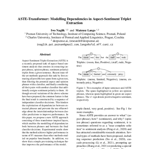 Aste Transformer Modelling Dependencies In Aspect Sentiment Triplet Extraction Acl Anthology