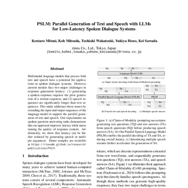 PSLM: Parallel Generation of Text and Speech with LLMs for Low-Latency Spoken Dialogue Systems ...
