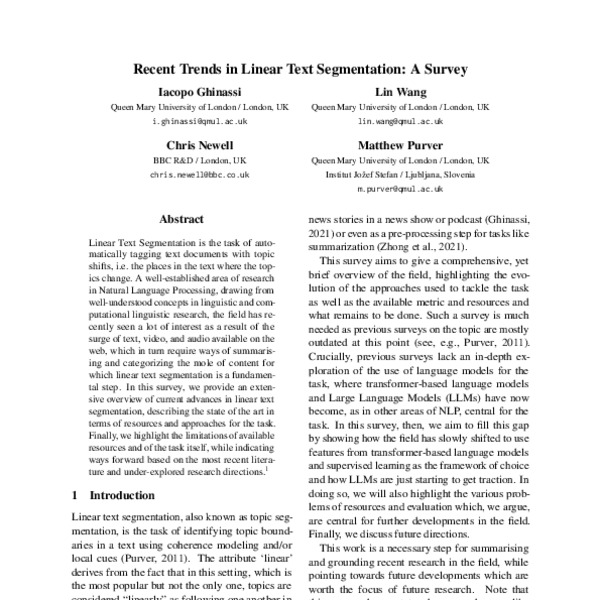 Recent Trends in Linear Text Segmentation: A Survey - ACL Anthology