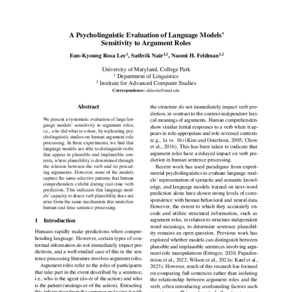 A Psycholinguistic Evaluation of Language Models’ Sensitivity to Argument Roles - ACL Anthology