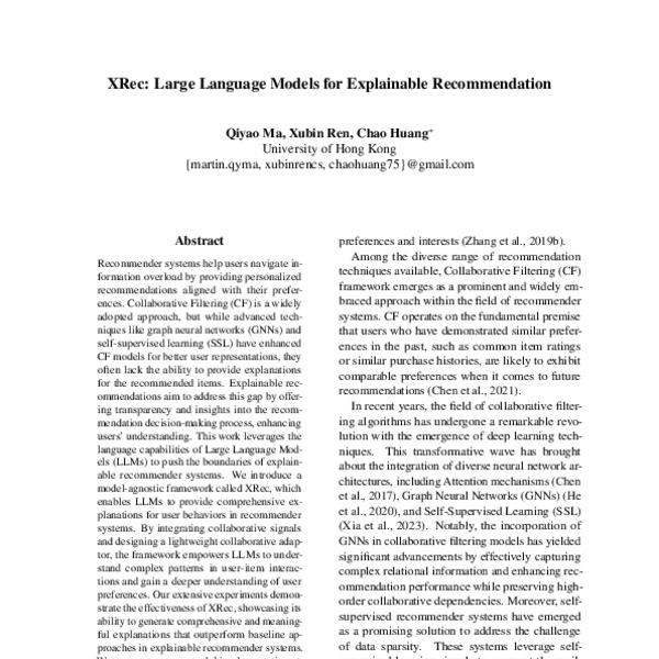 XRec: Large Language Models for Explainable Recommendation - ACL Anthology