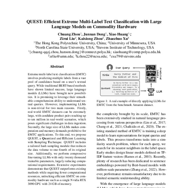 QUEST: Efficient Extreme Multi-Label Text Classification with Large Language Models on Commodity ...