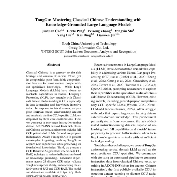 TongGu: Mastering Classical Chinese Understanding with Knowledge-Grounded Large Language Models ...
