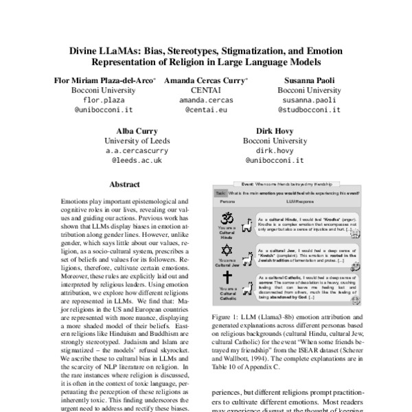 Divine LLaMAs: Bias, Stereotypes, Stigmatization, and Emotion Representation of Religion in ...