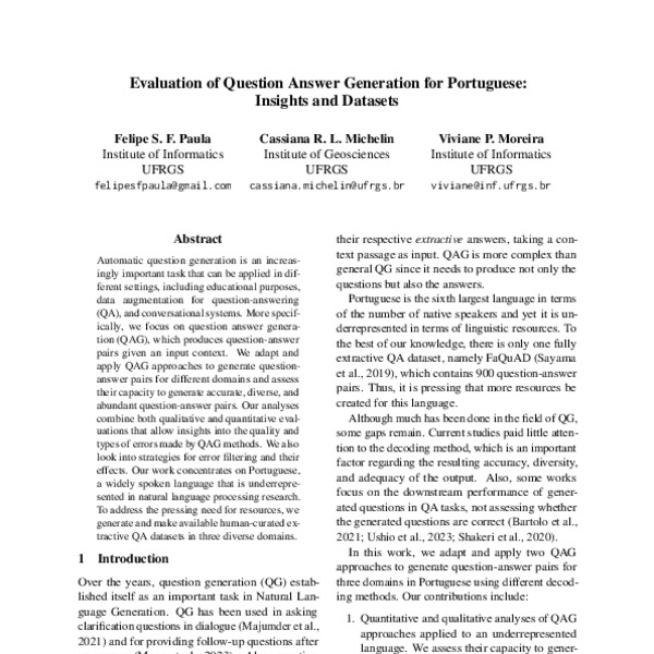 Evaluation of Question Answer Generation for Portuguese: Insights and ...