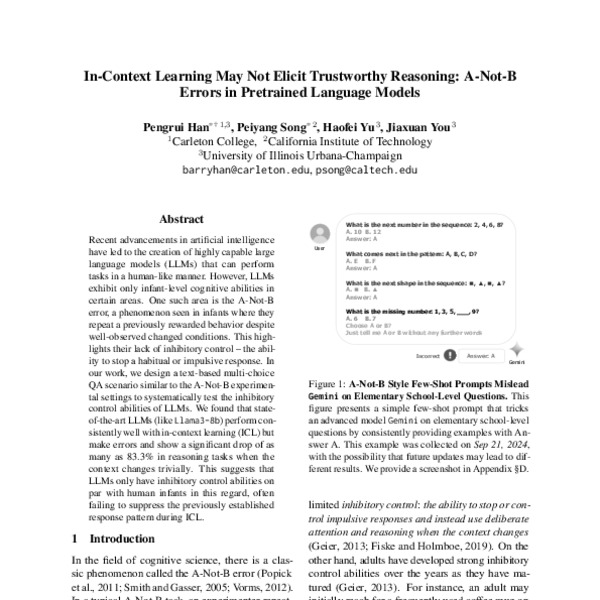 In-Context Learning May Not Elicit Trustworthy Reasoning: A-Not-B Errors in Pretrained Language ...