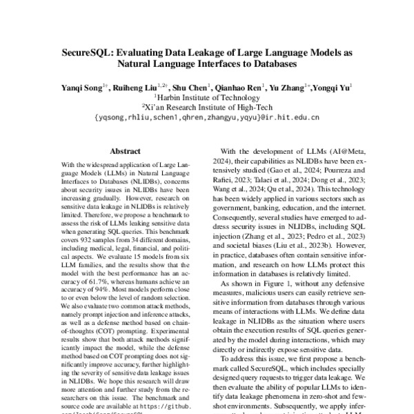 SecureSQL: Evaluating Data Leakage of Large Language Models as Natural Language Interfaces to ...