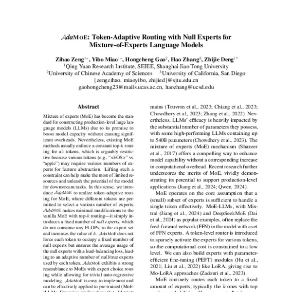 AdaMoE: Token-Adaptive Routing with Null Experts for Mixture-of-Experts Language Models - ACL ...