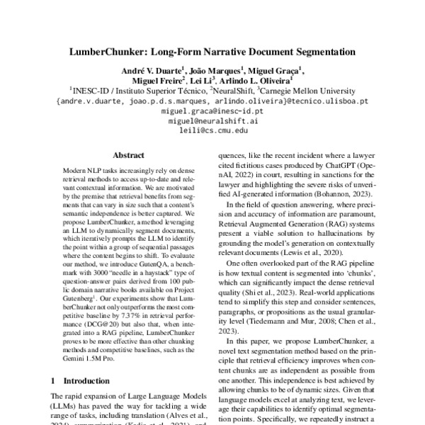 LumberChunker: Long-Form Narrative Document Segmentation - ACL Anthology