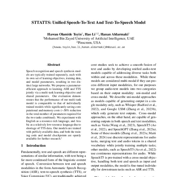 STTATTS: Unified Speech-To-Text And Text-To-Speech Model - ACL Anthology