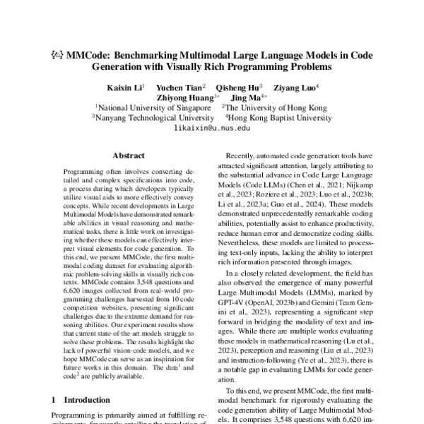 MMCode: Benchmarking Multimodal Large Language Models for Code Generation with Visually Rich ...