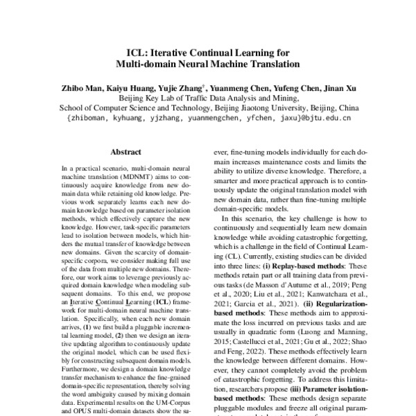 ICL: Iterative Continual Learning for Multi-domain Neural Machine Translation - ACL Anthology
