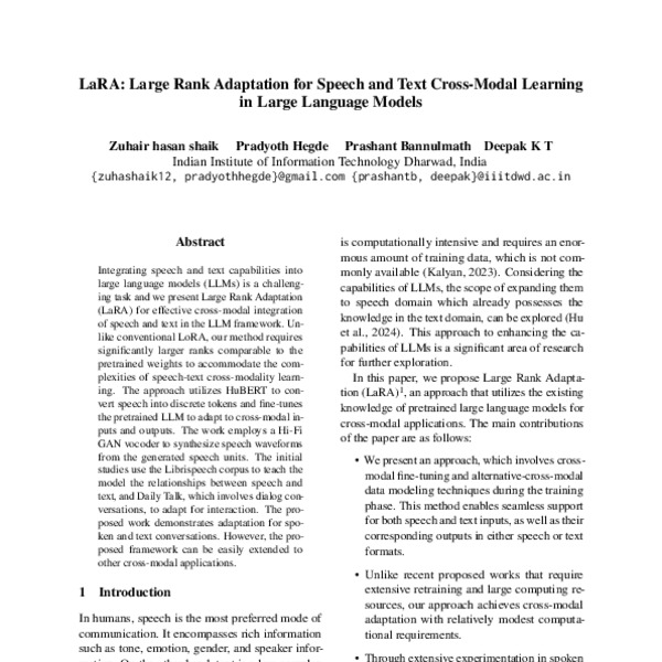 LaRA: Large Rank Adaptation for Speech and Text Cross-Modal Learning in Large Language Models ...