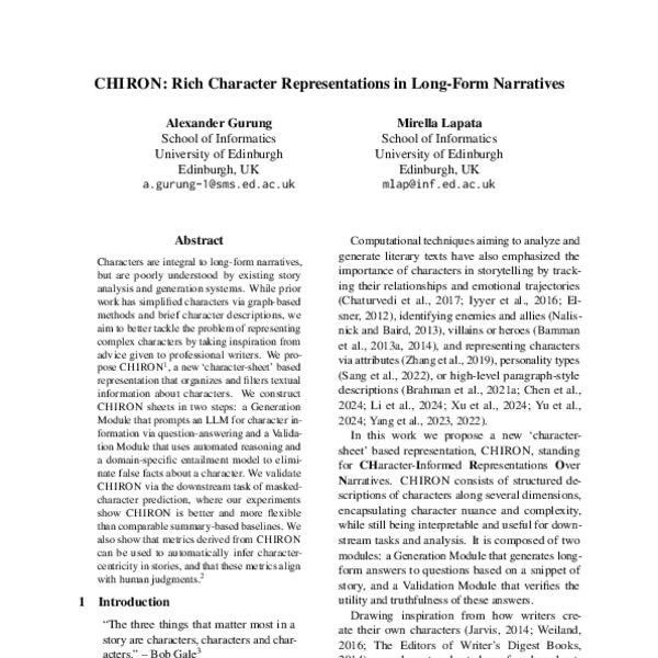 CHIRON: Rich Character Representations in Long-Form Narratives - ACL Anthology