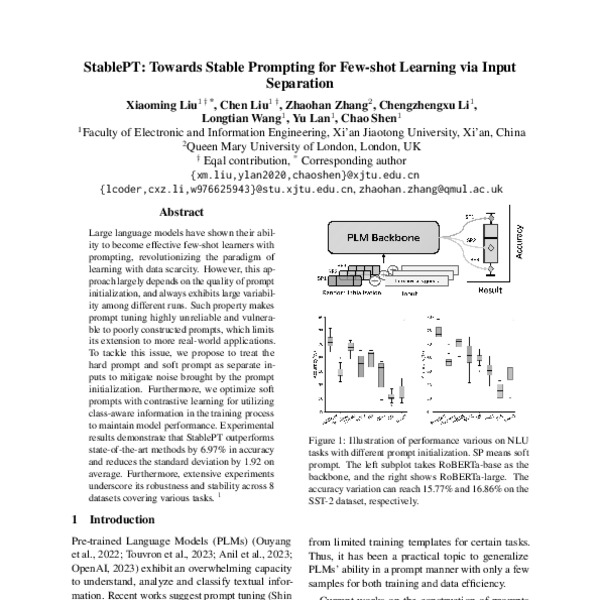 StablePT : Towards Stable Prompting for Few-shot Learning via Input Separation - ACL Anthology