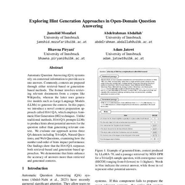 Exploring Hint Generation Approaches for Open-Domain Question Answering - ACL Anthology