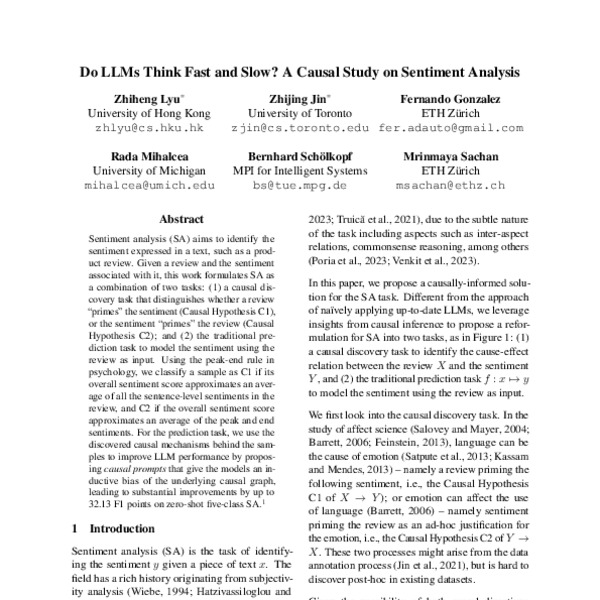 Do LLMs Think Fast and Slow? A Causal Study on Sentiment Analysis - ACL Anthology