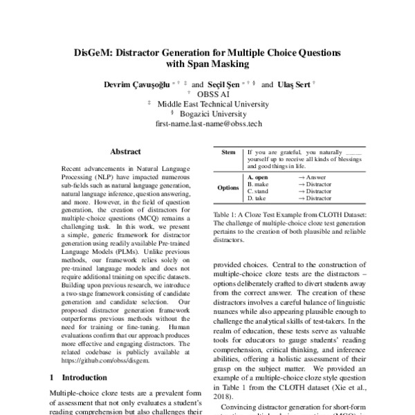 DisGeM: Distractor Generation for Multiple Choice Questions with Span ...