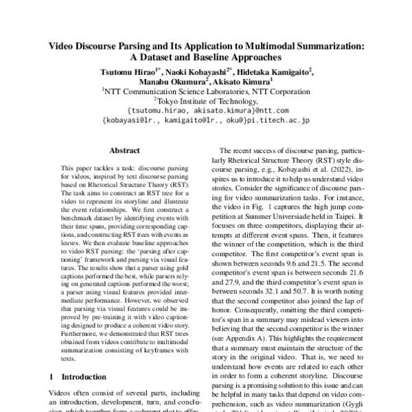 Video Discourse Parsing And Its Application To Multimodal Summarization A Dataset And Baseline