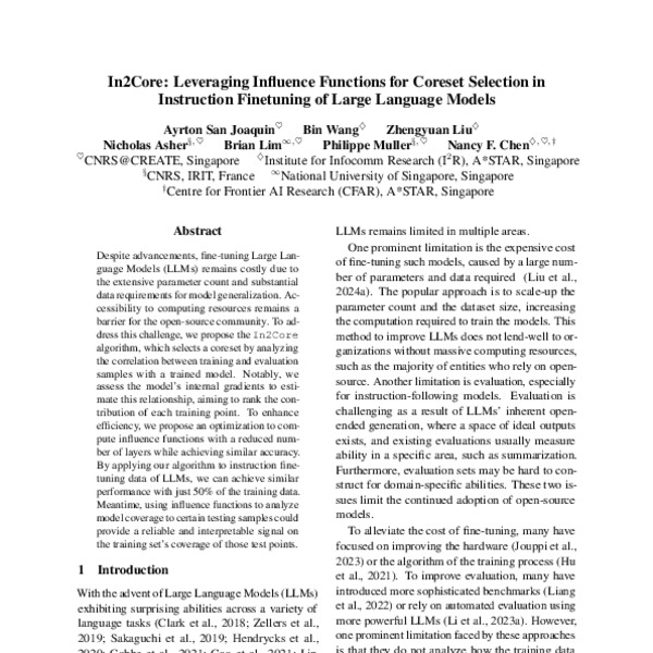 In2Core: Leveraging Influence Functions for Coreset Selection in Instruction Finetuning of Large ...