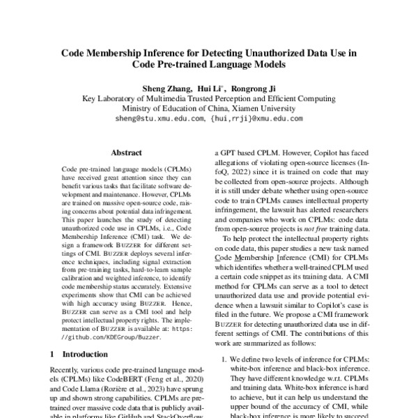 Code Membership Inference for Detecting Unauthorized Data Use in Code Pre-trained Language ...
