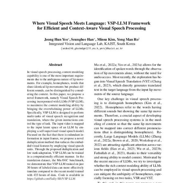 Where Visual Speech Meets Language: VSP-LLM Framework for Efficient and ...