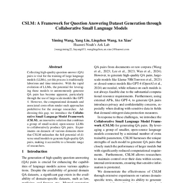 CSLM: A Framework for Question Answering Dataset Generation through Collaborative Small Language ...