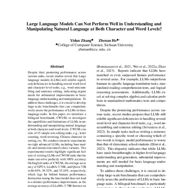 Large Language Models Can Not Perform Well in Understanding and Manipulating Natural Language at ...
