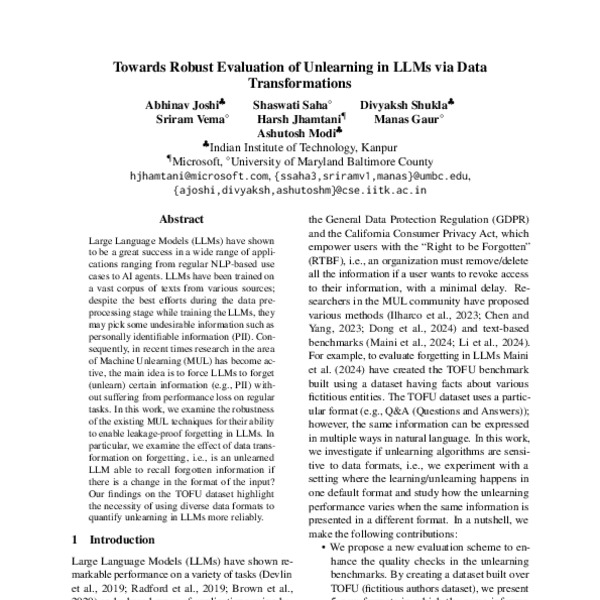 Towards Robust Evaluation Of Unlearning In Llms Via Data Transformations Acl Anthology