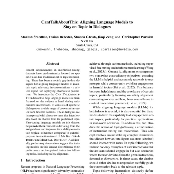 CantTalkAboutThis: Aligning Language Models to Stay on Topic in Dialogues - ACL Anthology