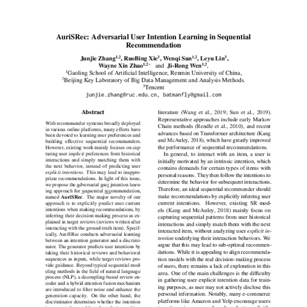 AuriSRec: Adversarial User Intention Learning in Sequential Recommendation - ACL Anthology