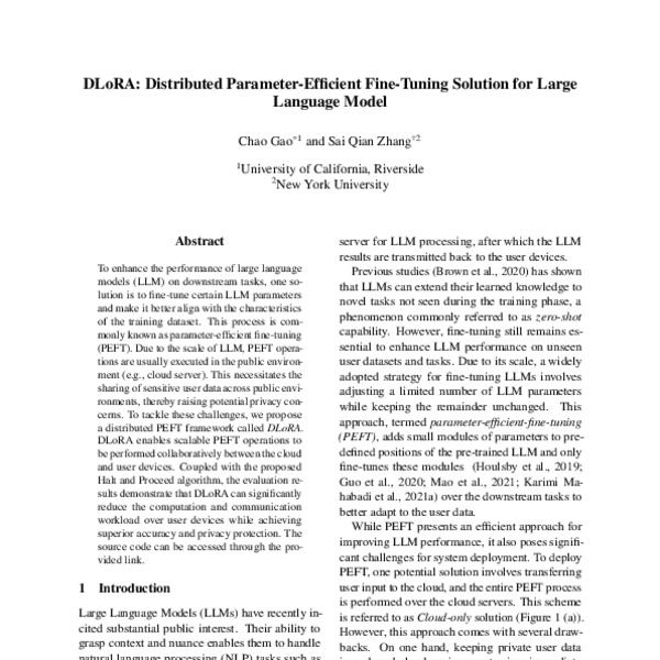 DLoRA: Distributed Parameter-Efficient Fine-Tuning Solution for Large Language Model - ACL Anthology
