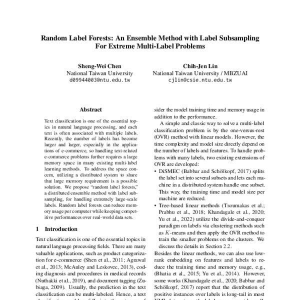 Random Label Forests: An Ensemble Method with Label Subsampling For Extreme Multi-Label Problems ...