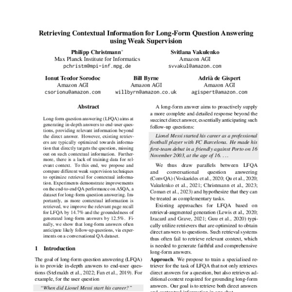 Retrieving Contextual Information for Long-Form Question Answering using Weak Supervision - ACL ...