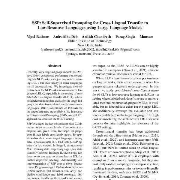 SSP: Self-Supervised Prompting for Cross-Lingual Transfer to Low-Resource Languages using Large ...
