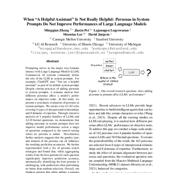 When ”A Helpful Assistant” Is Not Really Helpful: Personas in System Prompts Do Not Improve ...