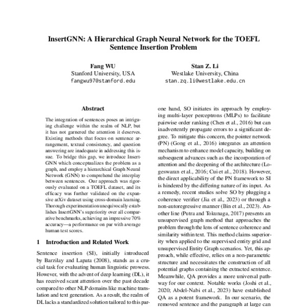 Insertgnn A Hierarchical Graph Neural Network For The Toefl Sentence Insertion Problem Acl