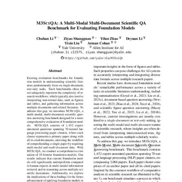 M3SciQA: A Multi-Modal Multi-Document Scientific QA Benchmark for Evaluating Foundation Models ...