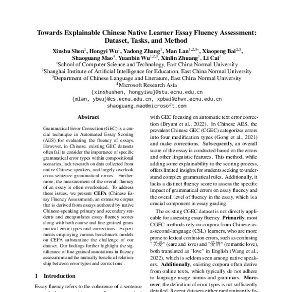 Towards Explainable Chinese Native Learner Essay Fluency Assessment ...