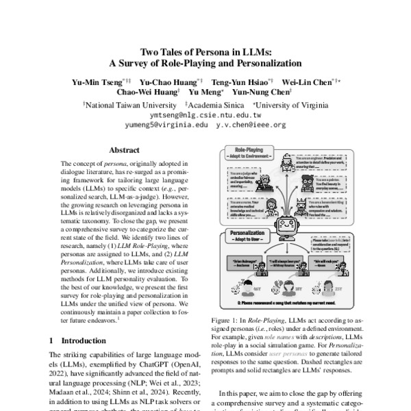 Two Tales of Persona in LLMs: A Survey of Role-Playing and Personalization - ACL Anthology