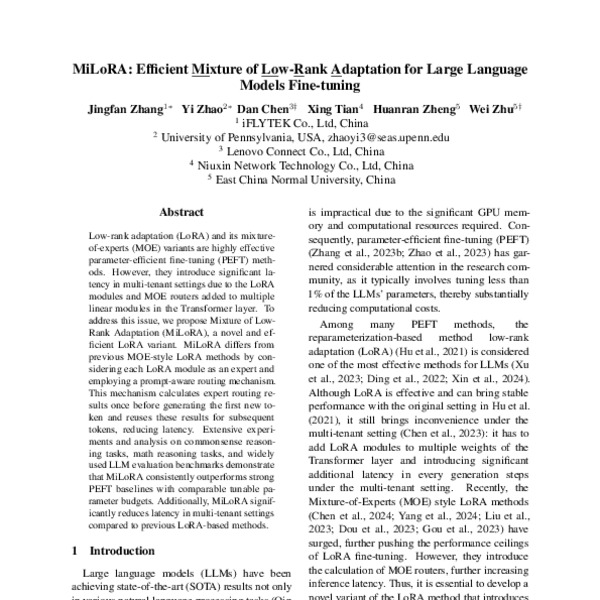 MiLoRA: Efficient Mixture of Low-Rank Adaptation for Large Language Models Fine-tuning - ACL ...