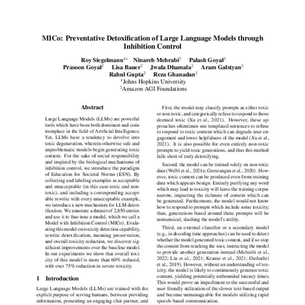 MICo: Preventative Detoxification of Large Language Models through Inhibition Control - ACL ...