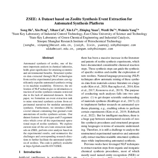 ZSEE: A Dataset based on Zeolite Synthesis Event Extraction for Automated Synthesis Platform ...