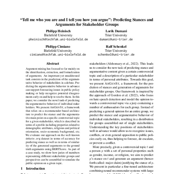 “Tell me who you are and I tell you how you argue”: Predicting Stances and Arguments for ...