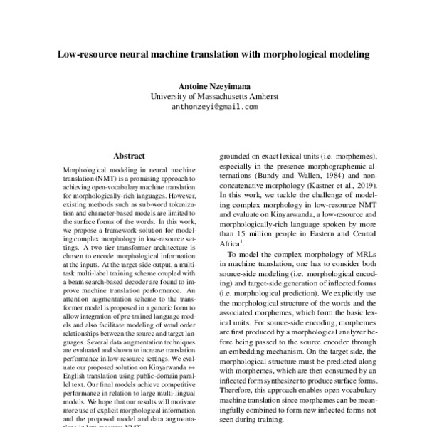 Low-resource neural machine translation with morphological modeling - ACL Anthology