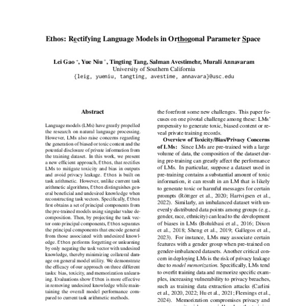 Ethos Rectifying Language Models In Orthogonal Parameter Space Acl Anthology