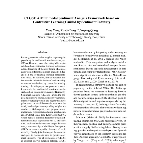 Clgsi A Multimodal Sentiment Analysis Framework Based On Contrastive Learning Guided By