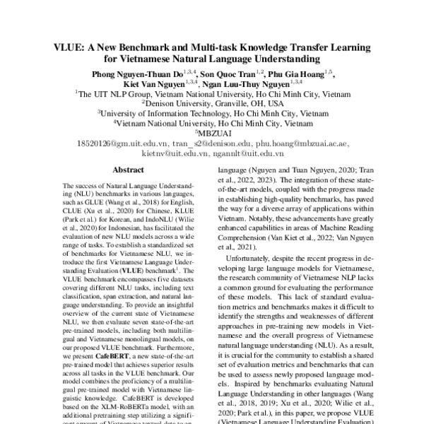 VLUE: A New Benchmark and Multi-task Knowledge Transfer Learning for Vietnamese Natural Language ...